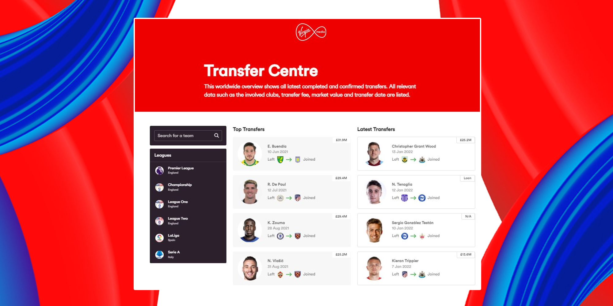 Virgin Media O2 launches online transfer tracking tool for football ...